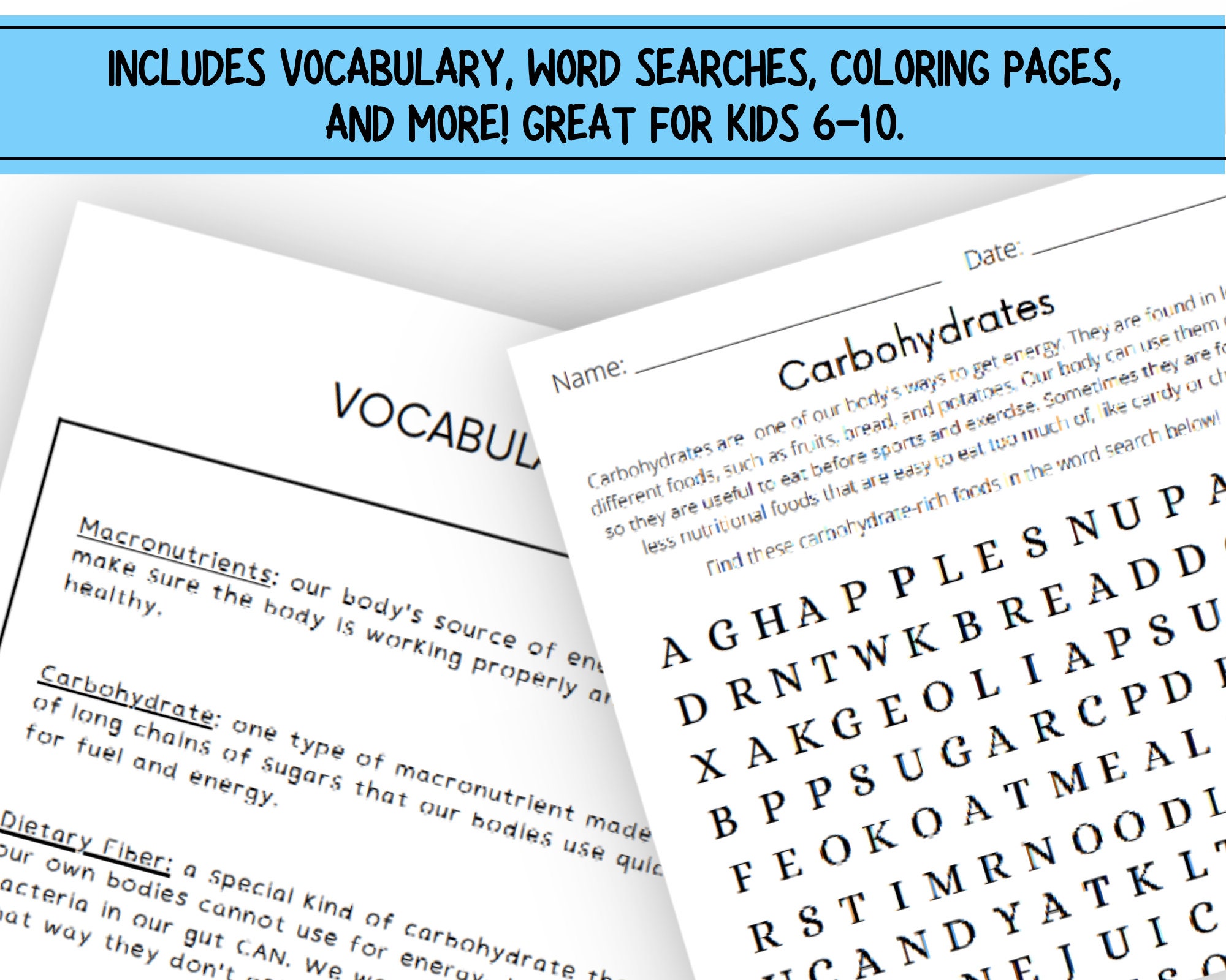 Protein and Carbohydrate Worksheet Bundle for Kids | Printable ...