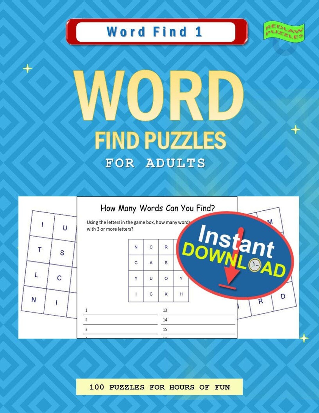 Word Find Downloadable Printable Puzzle : 100 Unique Puzzles. Find as ...