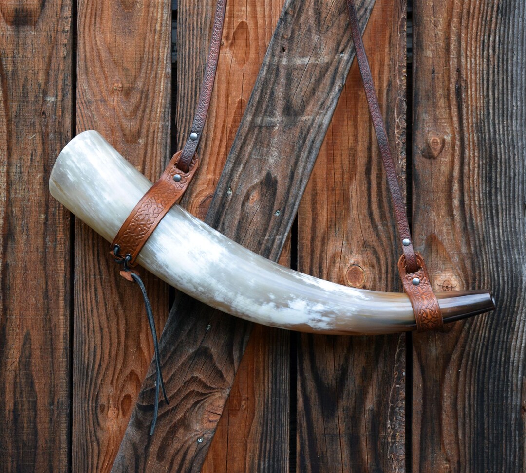 Polished Viking Blow Horn With Brown Embossed Leather Shoulder Strap ...