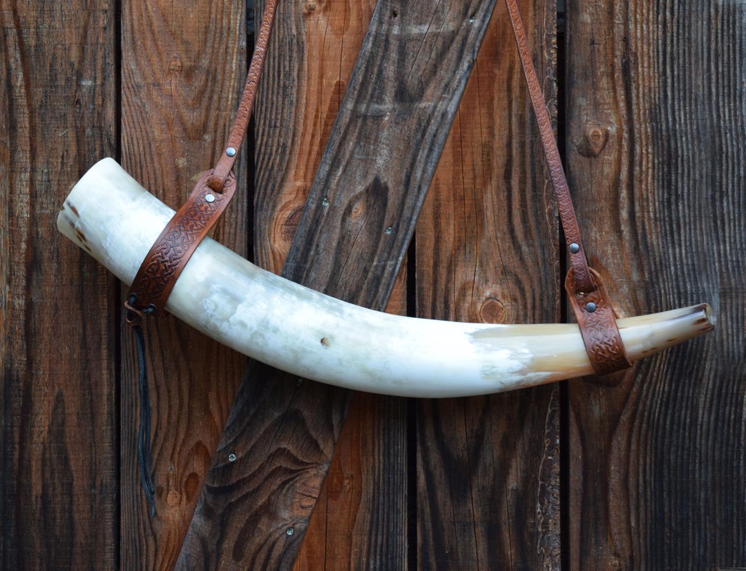 Polished Viking Blow Horn With Brown Embossed Leather Shoulder Strap ...