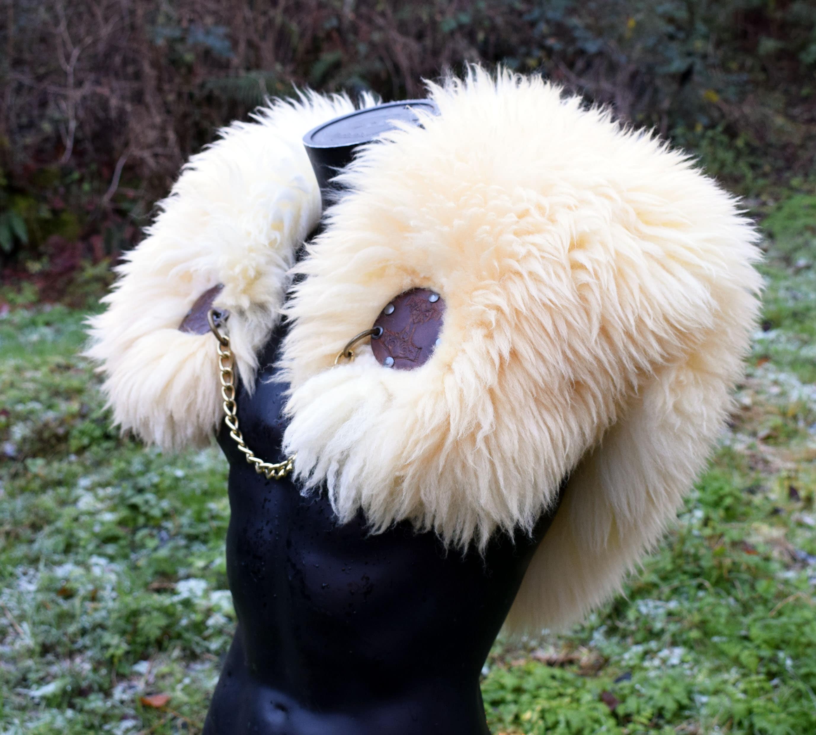 Thick White Viking Sheepskin Cloak With Thorhammer Leather Brooches and ...