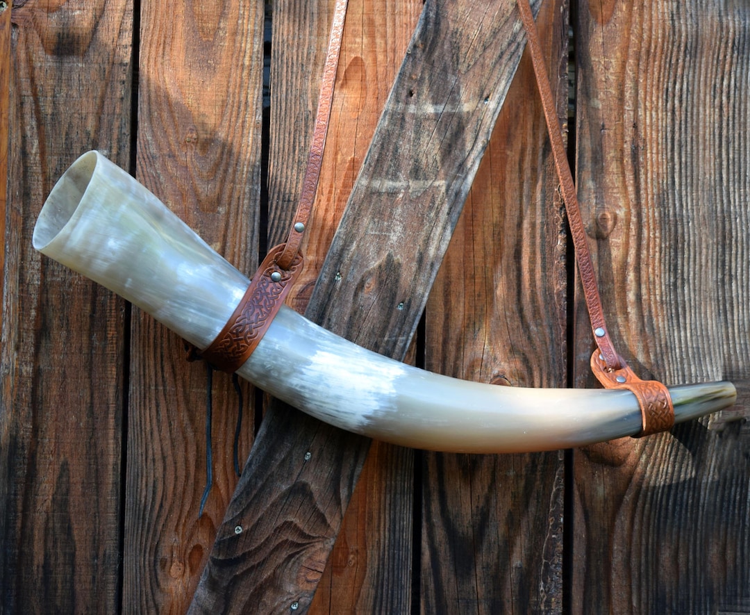 Polished Viking Blow Horn With Brown Embossed Leather Shoulder Strap ...