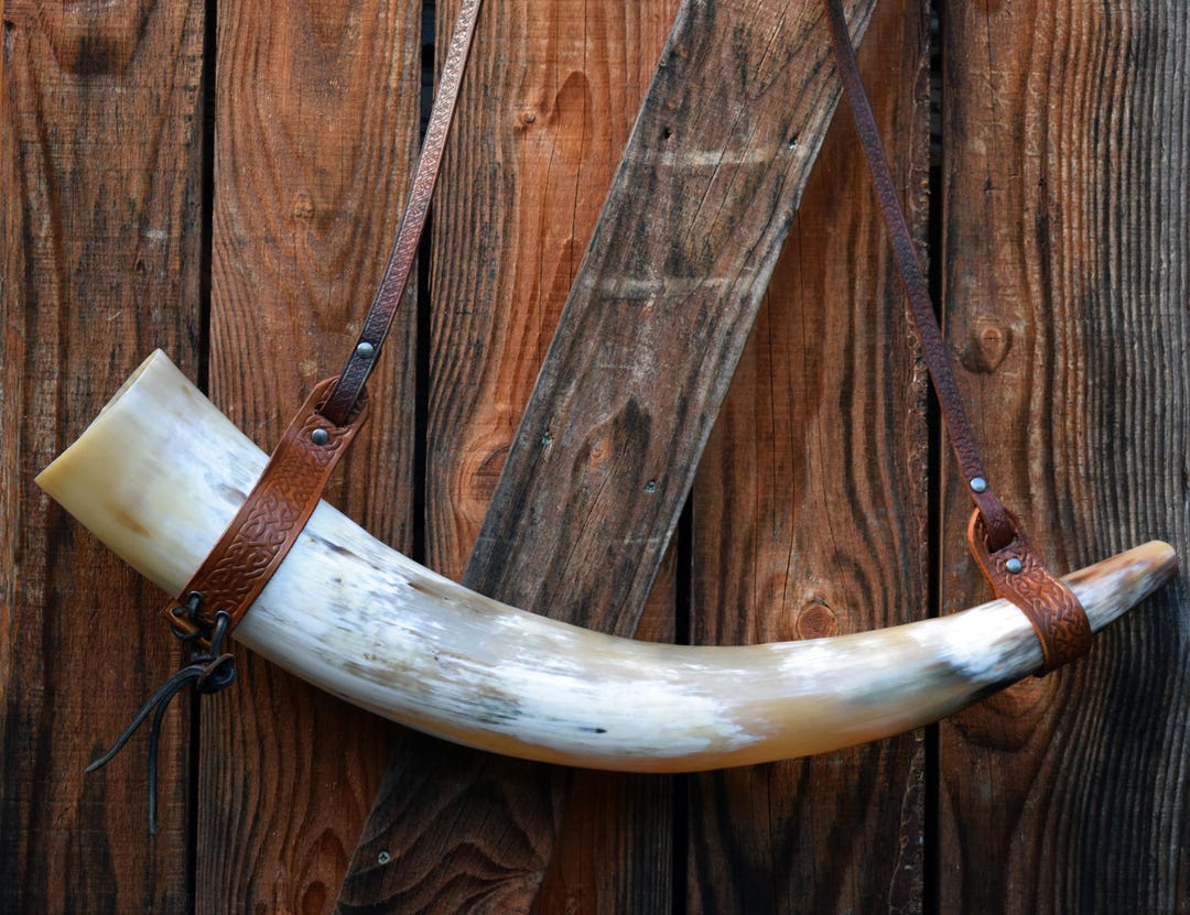 Polished Viking Blow Horn With Brown Embossed Leather Shoulder Strap ...