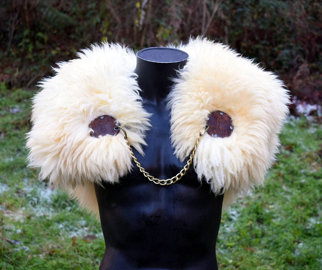 Thick White Viking Sheepskin Cloak With Thorhammer Leather Brooches and ...