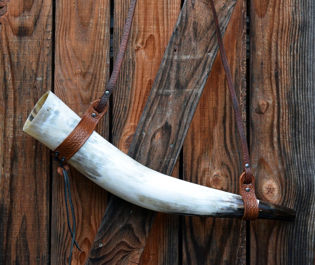 Polished Viking Blow Horn With Brown Embossed Leather Shoulder Strap ...