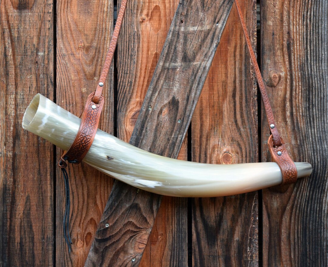 Polished Viking Blow Horn With Brown Embossed Leather Shoulder Strap ...