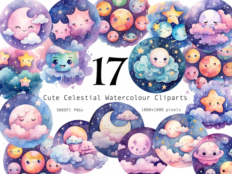 Kawaii Moon Clipart, Celestial Watercolour Clipart, Planets, Cute Solar ...