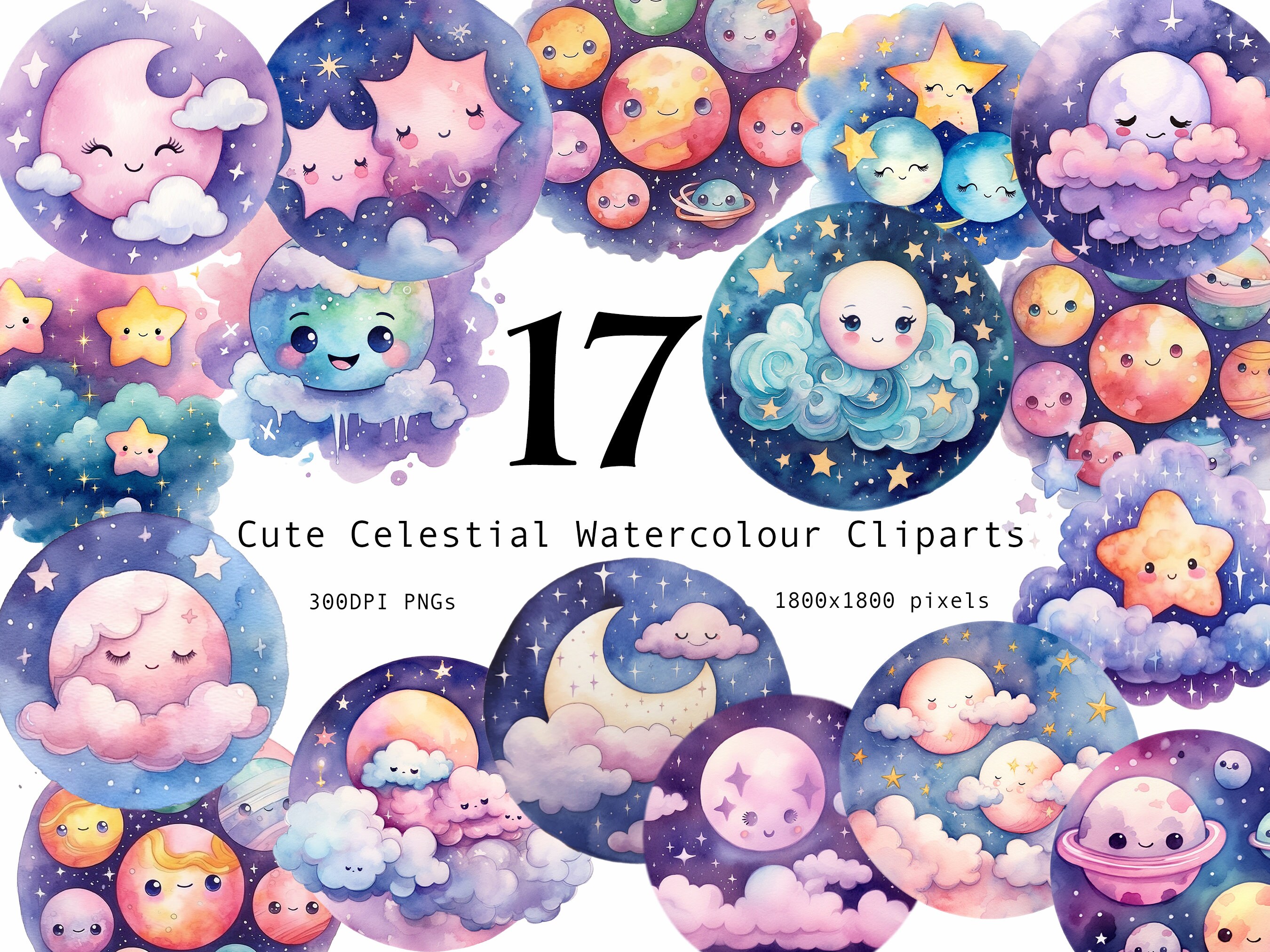 Kawaii Moon Clipart, Celestial Watercolour Clipart, Planets, Cute Solar ...