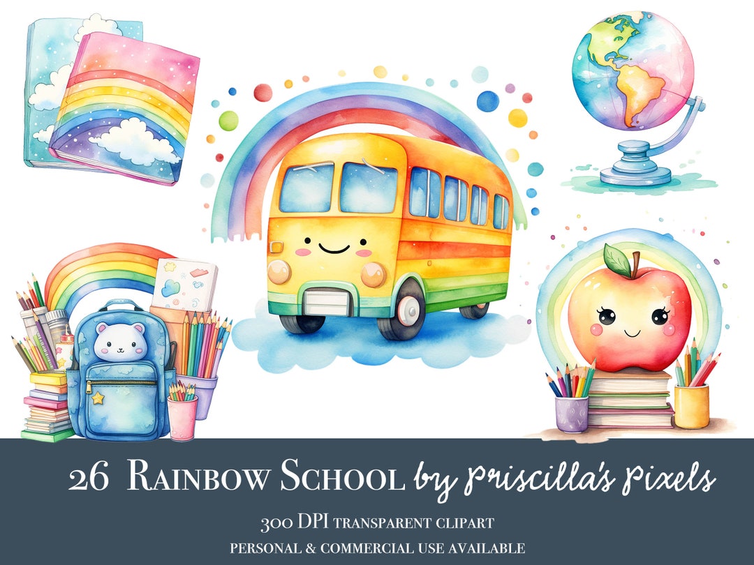 Rainbow School Clipart, Back to School Pngs, Kawaii Student Supplies ...