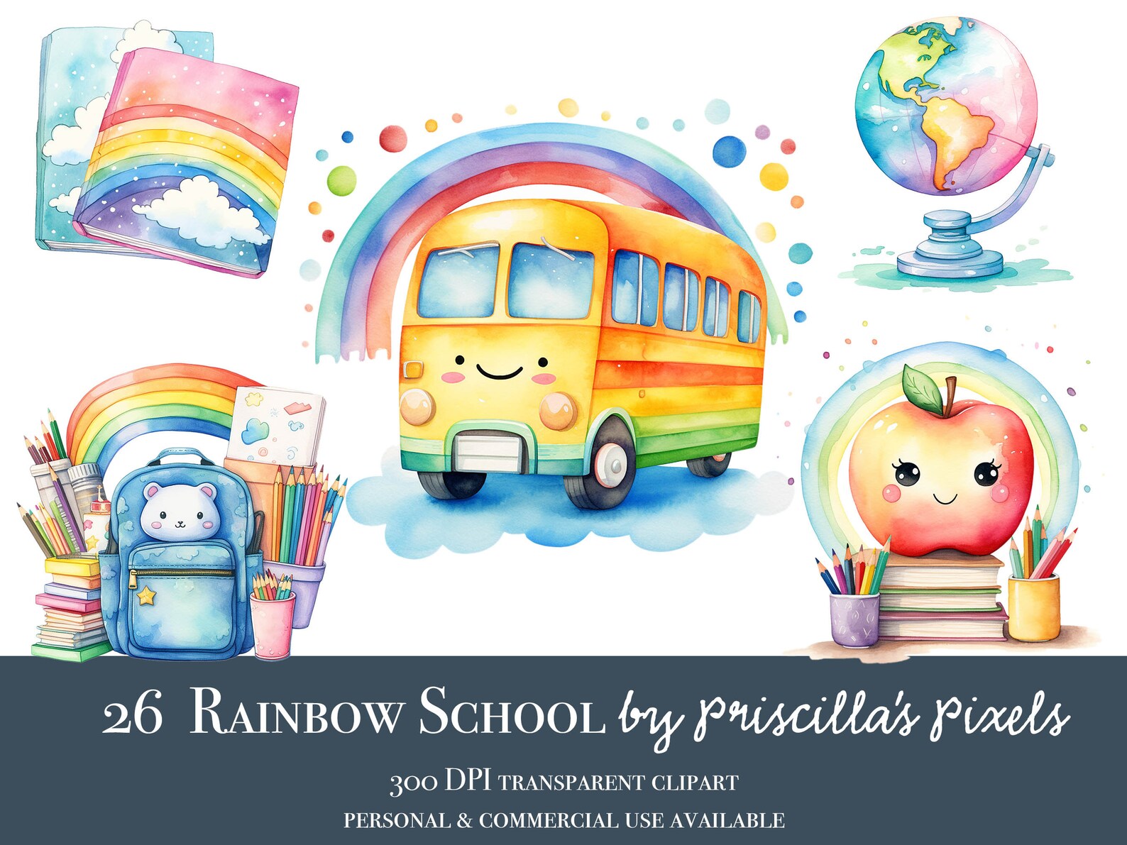 Rainbow School Clipart, Back to School Pngs, Kawaii Student Supplies ...