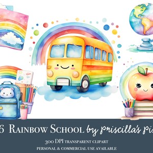 Rainbow School Clipart, Back to School Pngs, Kawaii Student Supplies ...