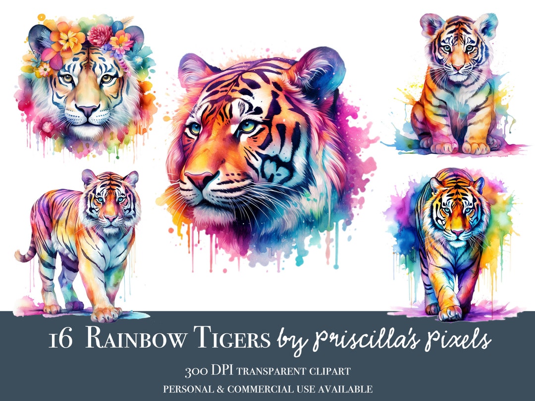 Rainbow Tiger Clipart, Watercolour Tiger Pngs, Floral Tiger, Magical ...