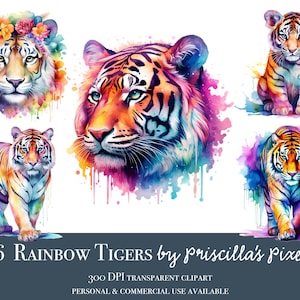 Rainbow Tiger Clipart, Watercolour Tiger Pngs, Floral Tiger, Magical ...