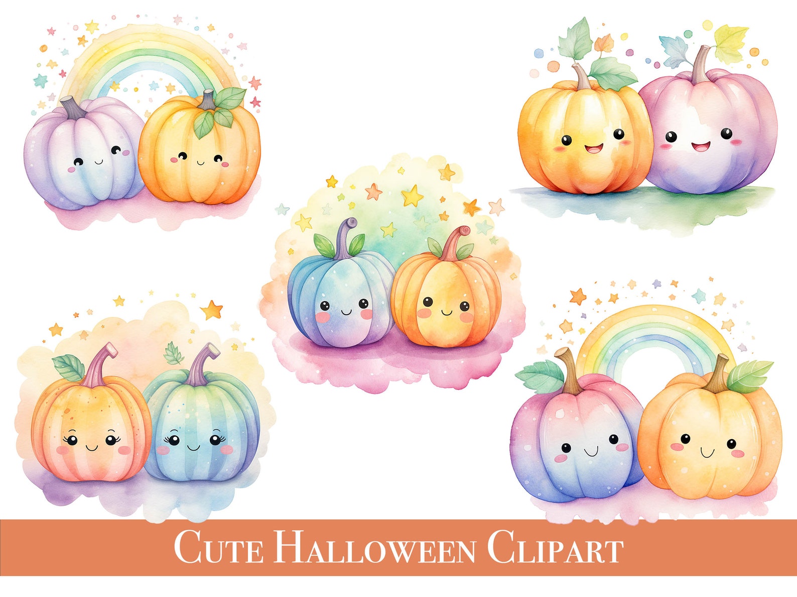 Rainbow Watercolour Pumpkin Clipart, Kawaii Pumpkin PNG, Halloween ...