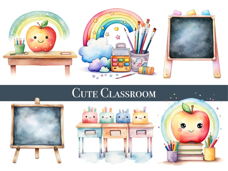 Rainbow School Clipart, Back to School Pngs, Kawaii Student Supplies ...