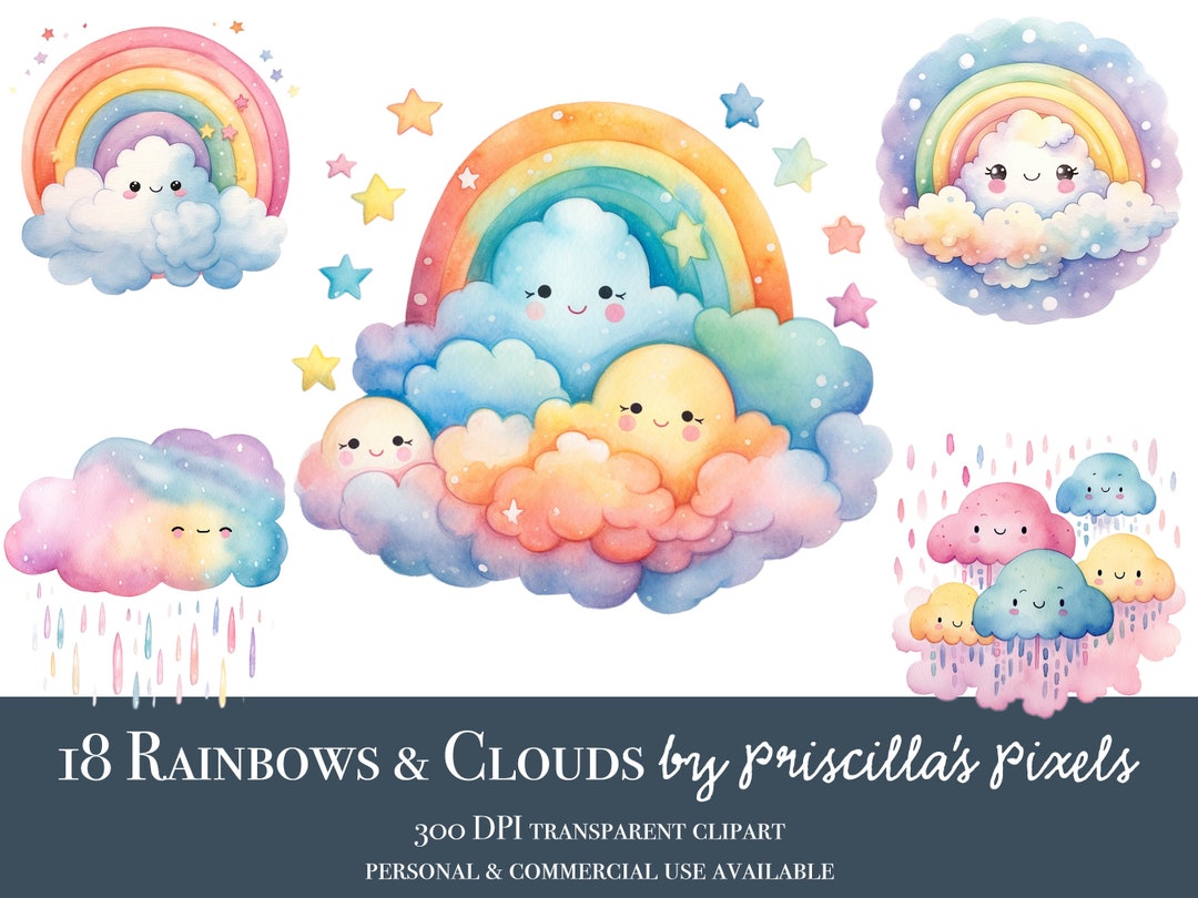 Rainbow Watercolour Clipart, Happy Rain Cloud Pngs, Kawaii Clouds ...