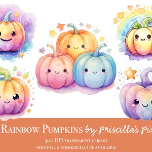 Rainbow Watercolour Pumpkin Clipart, Kawaii Pumpkin PNG, Halloween ...