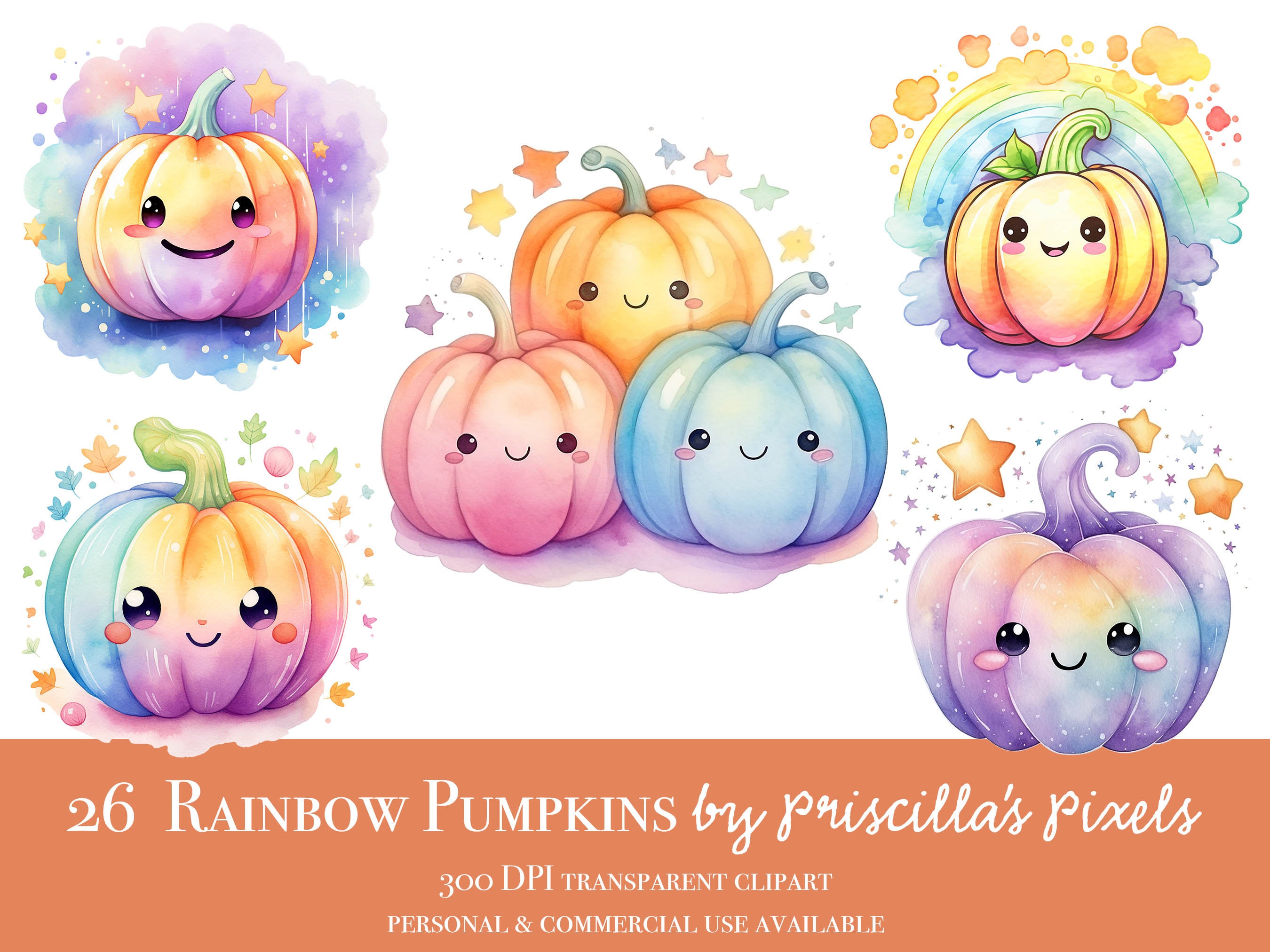Rainbow Watercolour Pumpkin Clipart, Kawaii Pumpkin PNG, Halloween ...