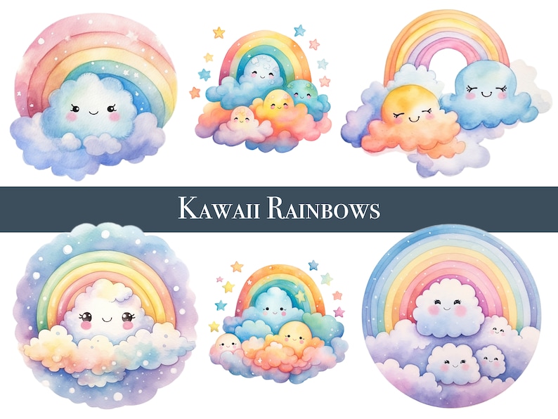 Rainbow Watercolour Clipart, Happy Rain Cloud Pngs, Kawaii Clouds ...