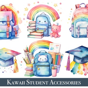 Rainbow School Clipart, Back to School Pngs, Kawaii Student Supplies ...