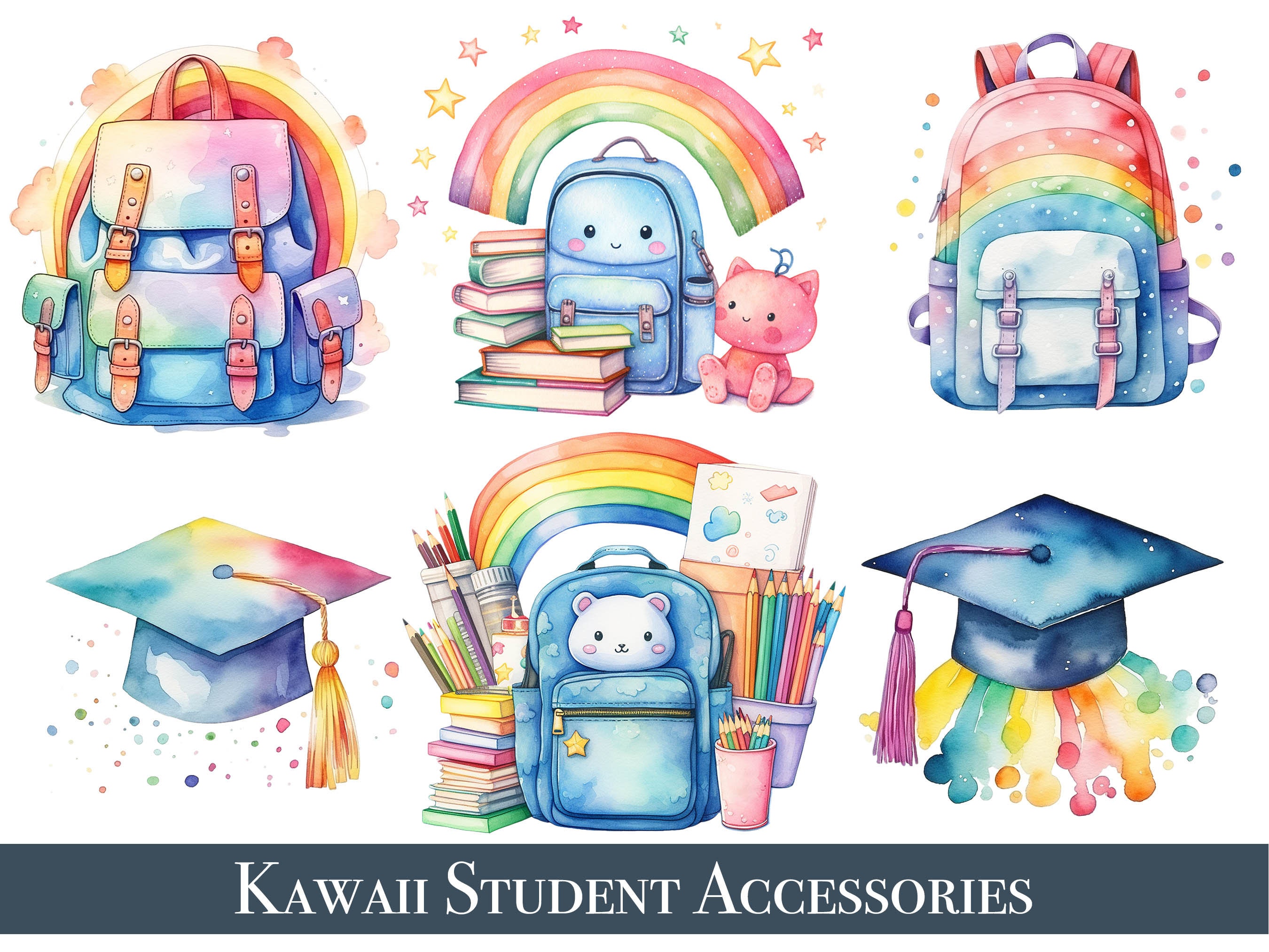 Rainbow School Clipart, Back to School Pngs, Kawaii Student Supplies ...