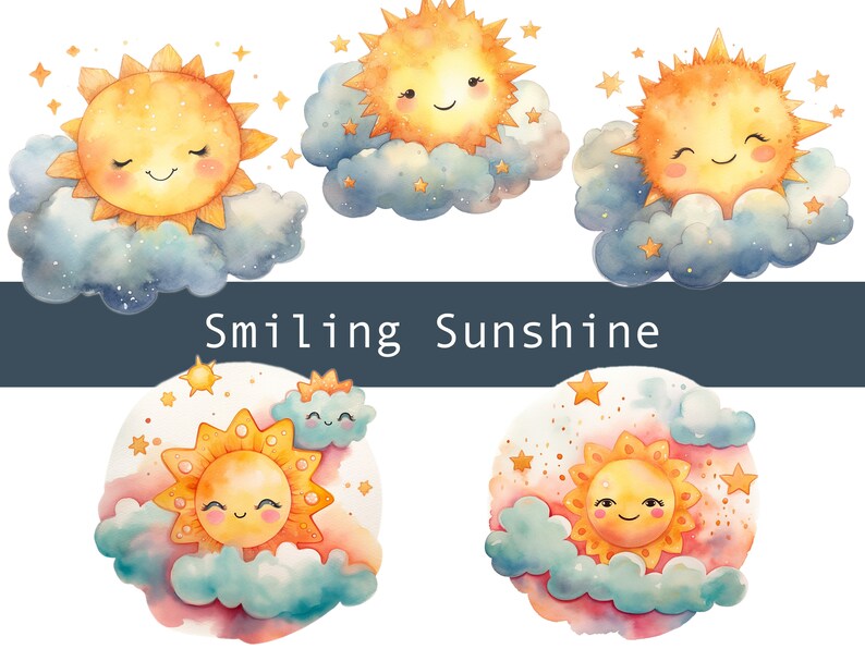 Happy Sun Watercolour Clipart, Cute Sunshine Pngs, Clouds, Cute Solar ...