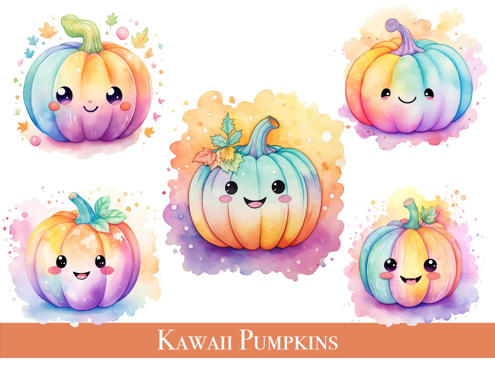 Rainbow Watercolour Pumpkin Clipart, Kawaii Pumpkin PNG, Halloween ...