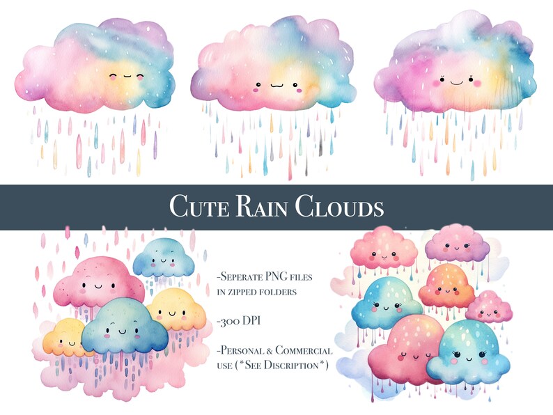 Rainbow Watercolour Clipart, Happy Rain Cloud Pngs, Kawaii Clouds ...