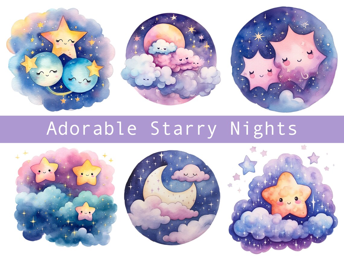 Kawaii Moon Clipart Celestial Watercolour Clipart Planets - Etsy