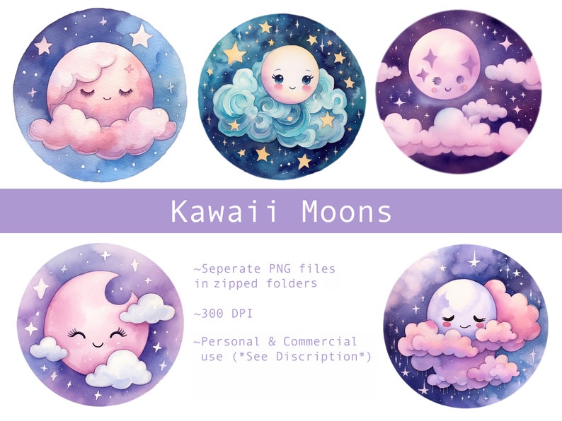 Kawaii Moon Clipart, Celestial Watercolour Clipart, Planets, Cute Solar ...