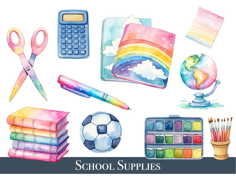 Rainbow School Clipart, Back to School Pngs, Kawaii Student Supplies ...