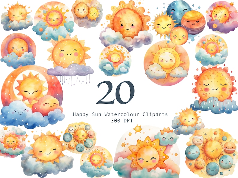 Happy Sun Watercolour Clipart, Cute Sunshine Pngs, Clouds, Cute Solar ...