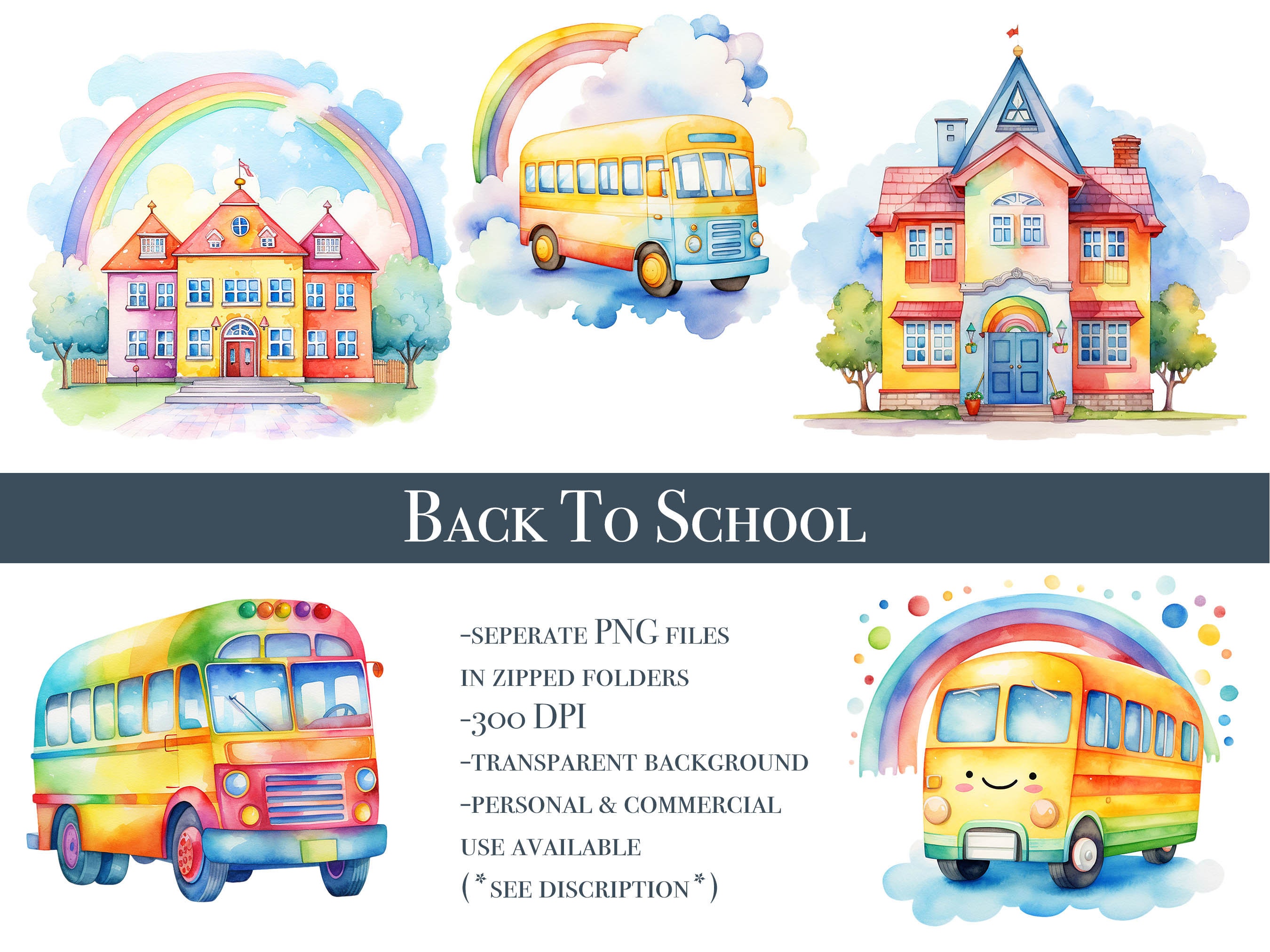 Rainbow School Clipart, Back to School Pngs, Kawaii Student Supplies ...