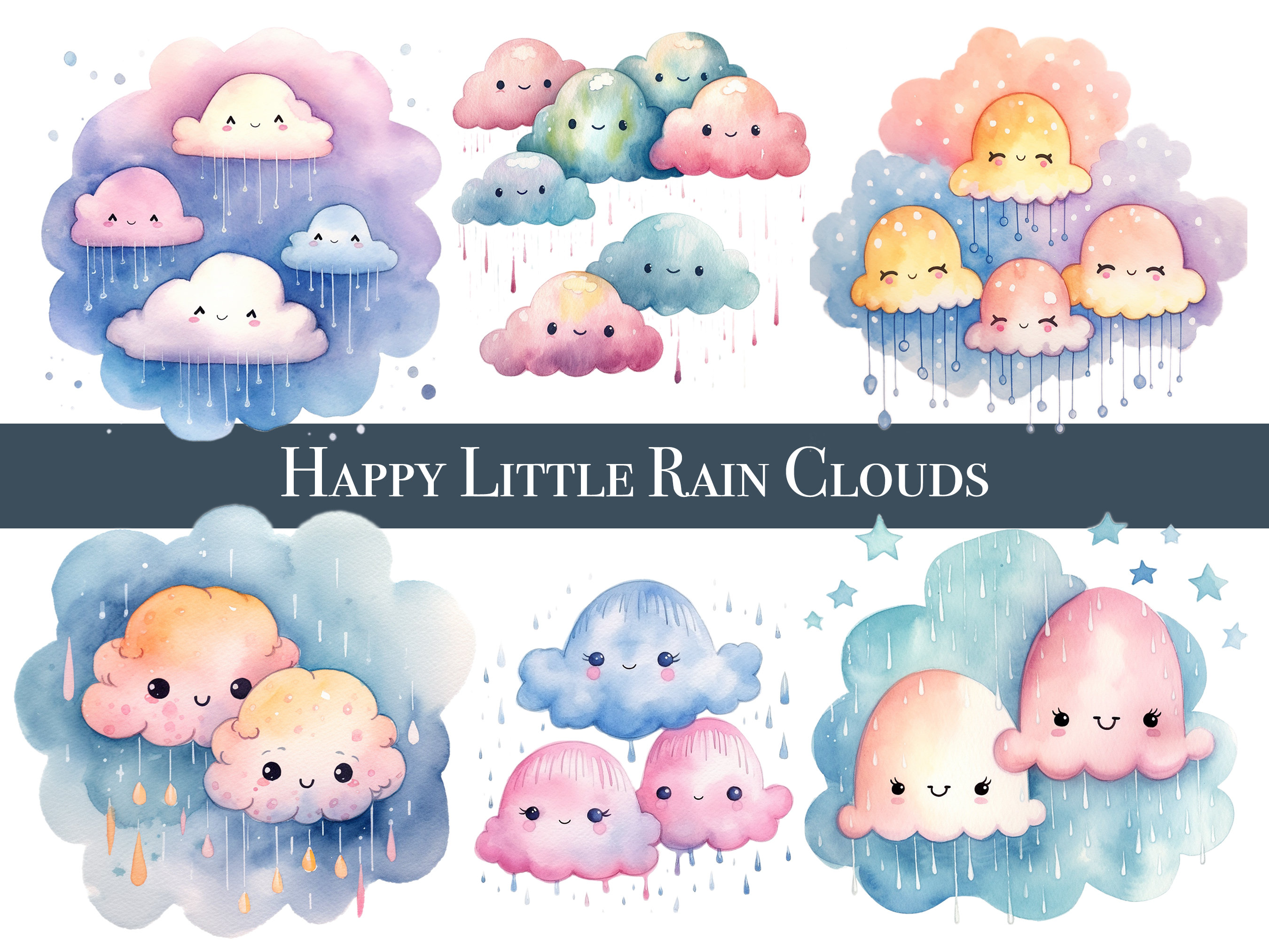 Rainbow Watercolour Clipart, Happy Rain Cloud Pngs, Kawaii Clouds ...