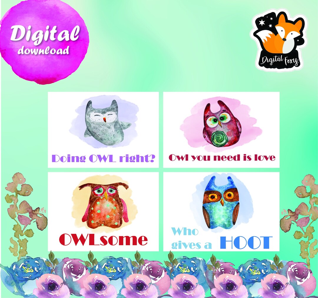 4 Owl Greeting Cards, Owl Puns, Printable, Digital Download, Digital ...