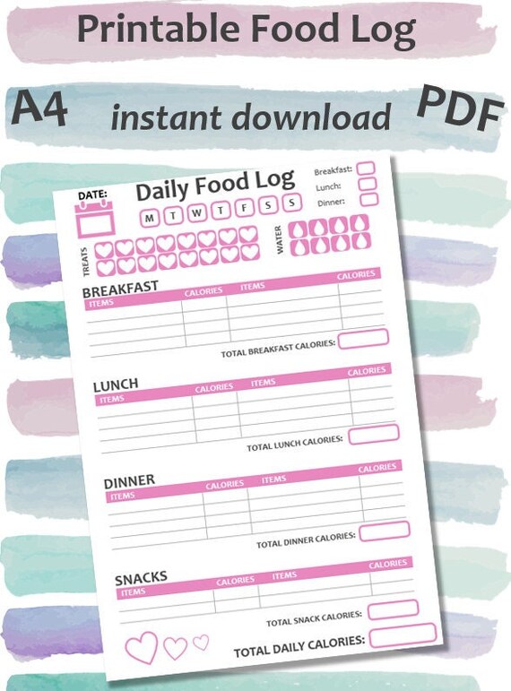 Daily Food Log Calorie Tracker Digital Download PDF A4 - Etsy