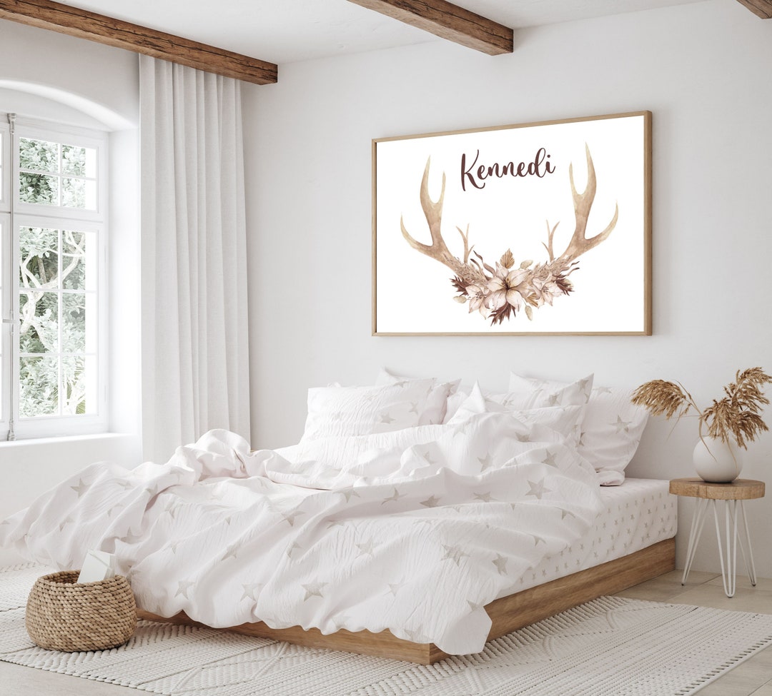 SINGLE-PRINT Nursery Decor Floral Antlers, Personalized Woodland Antler ...