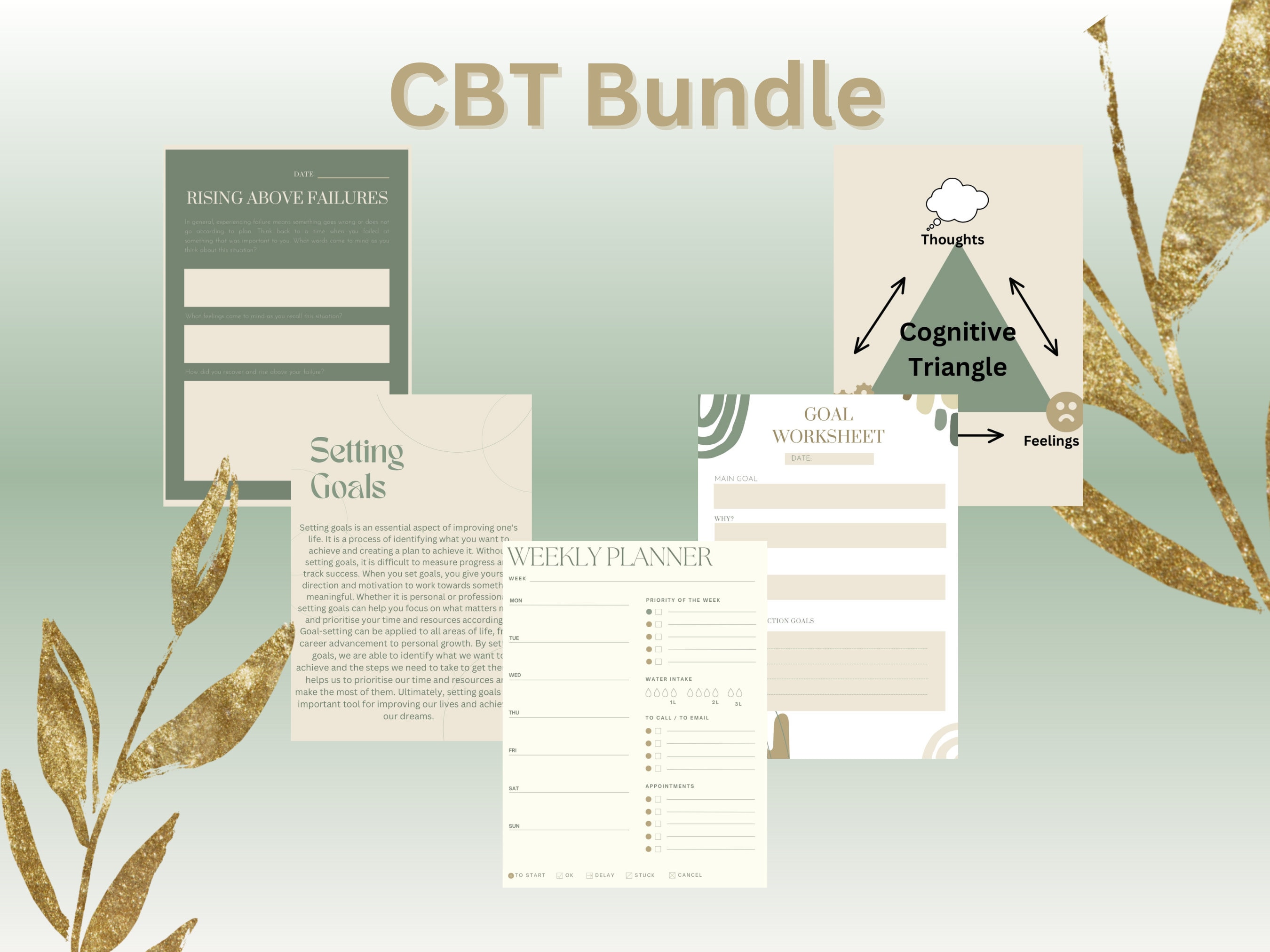 CBT, Therapy Digital Printable Worksheets Sage & Cream Over 20 Pages ...