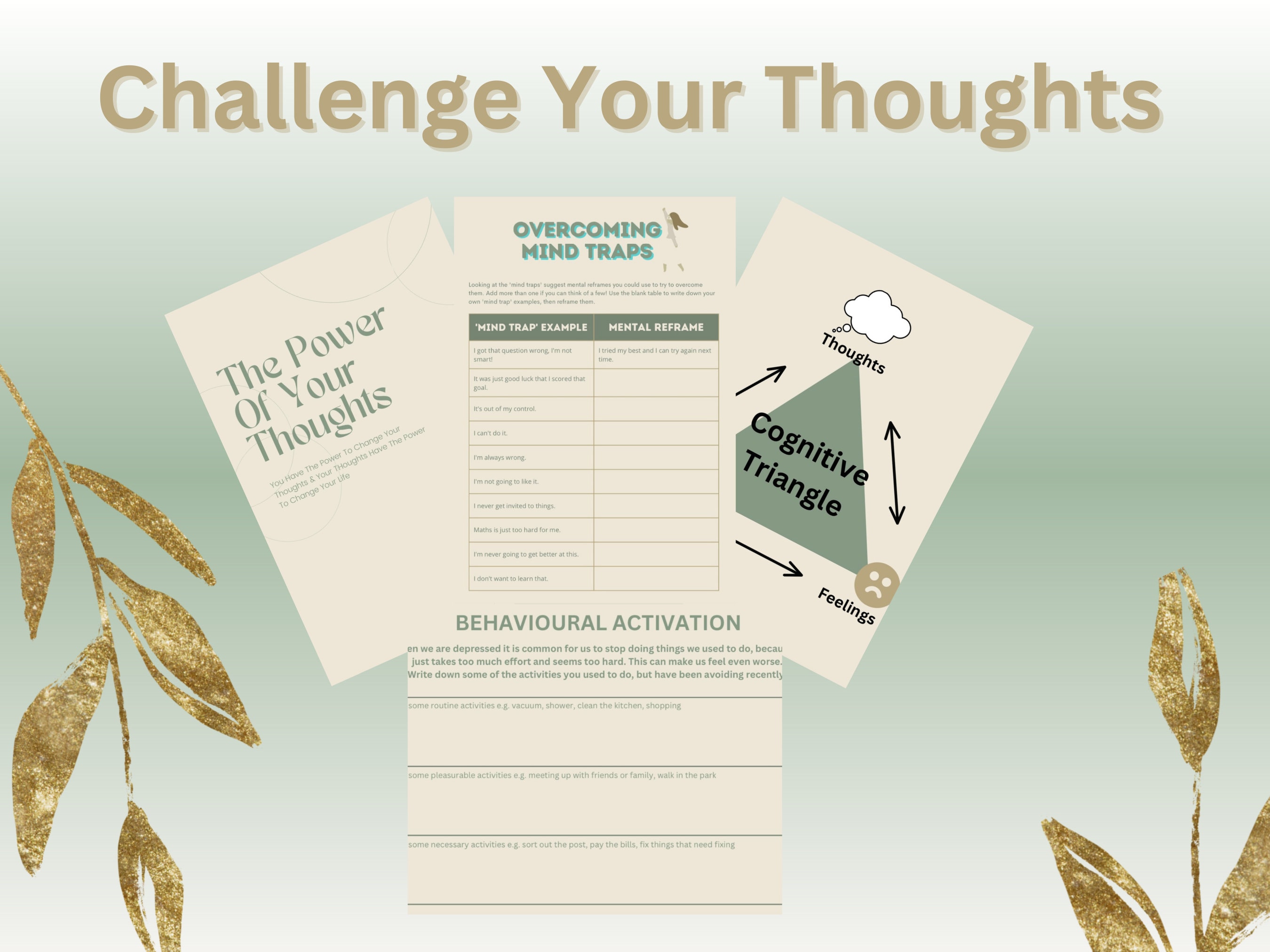 CBT, Therapy Digital Printable Worksheets Sage & Cream Over 20 Pages ...