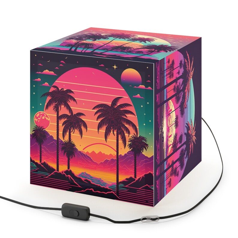 Retro 80s Vaporwave Synth Sunset Palm Trees Disco Groovy Light Cube ...