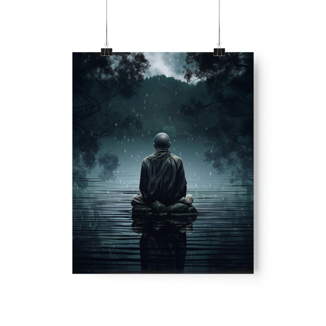 Evening Reflection: Meditating Monk Sitting on A Rock in A Reflection ...