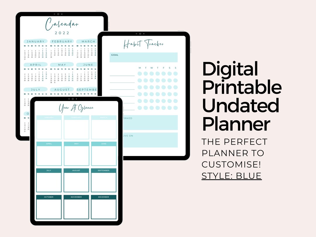 Undated Digital Planner, Printable Planner 2022, Blue Printable Planner ...