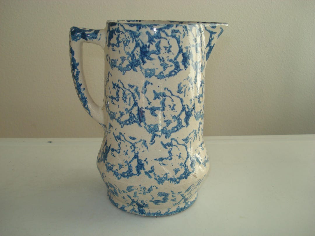 Antique Spongeware Pitcher/blue and White/stoneware/1920's - Etsy