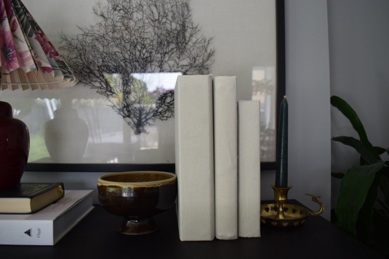 Beige Linen Wrapped Fabric Books, Coffee Table Books Stack, Bookshelf ...