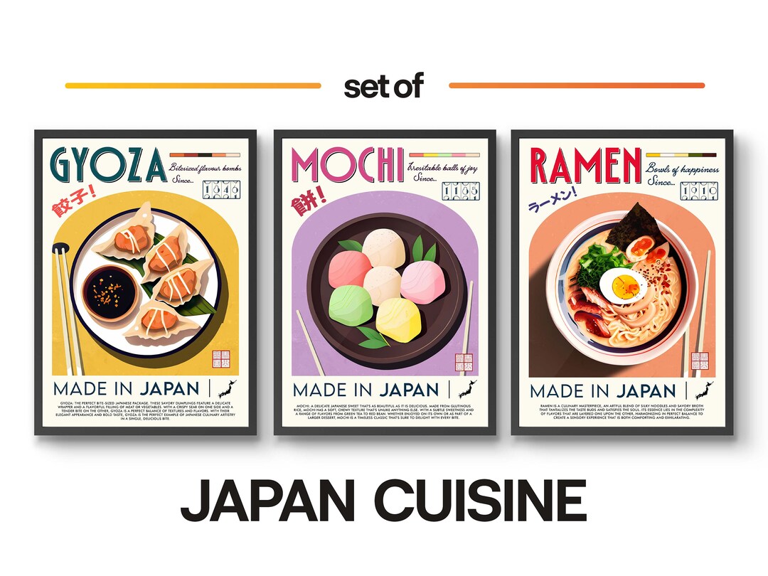 Set of 3 Japanese Cuisine Poster, Food Print, Gyoza, Ramen, Mochi, Modern Kitchen Decor, Bar Art ...