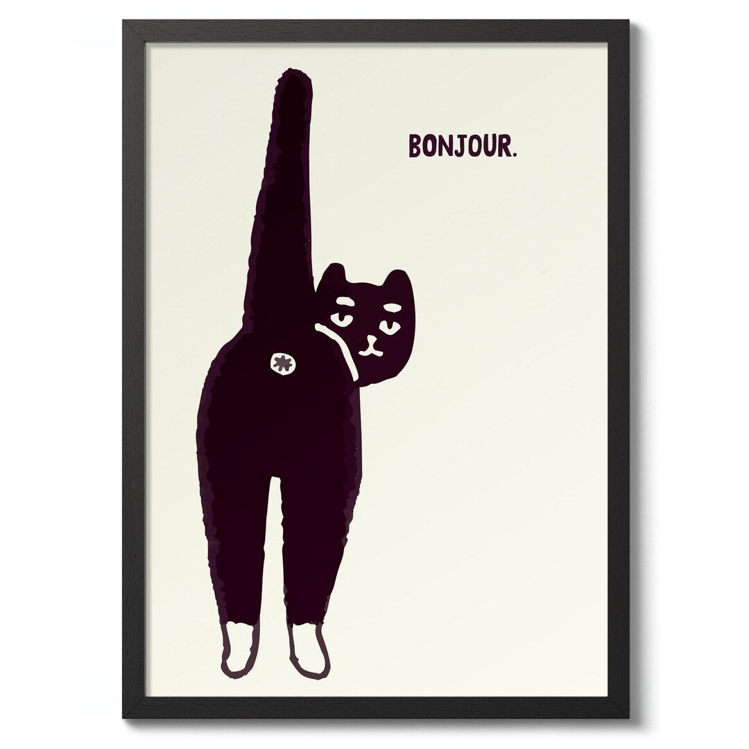 Bonjour Typography Print, Graphic Wall Art Poster, Cat Animal Decor - Etsy