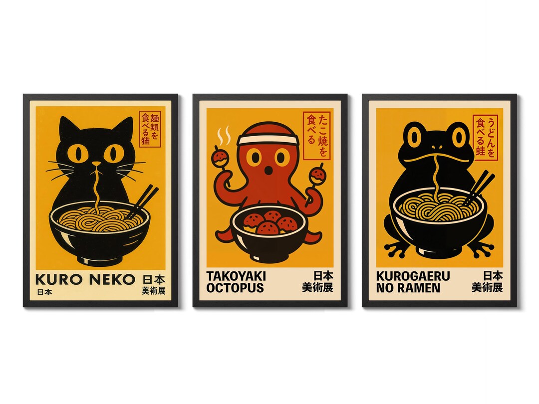 Kuro Neko Food Trio, Anime Print, Japanese Poster, Graphic Wall Art ...