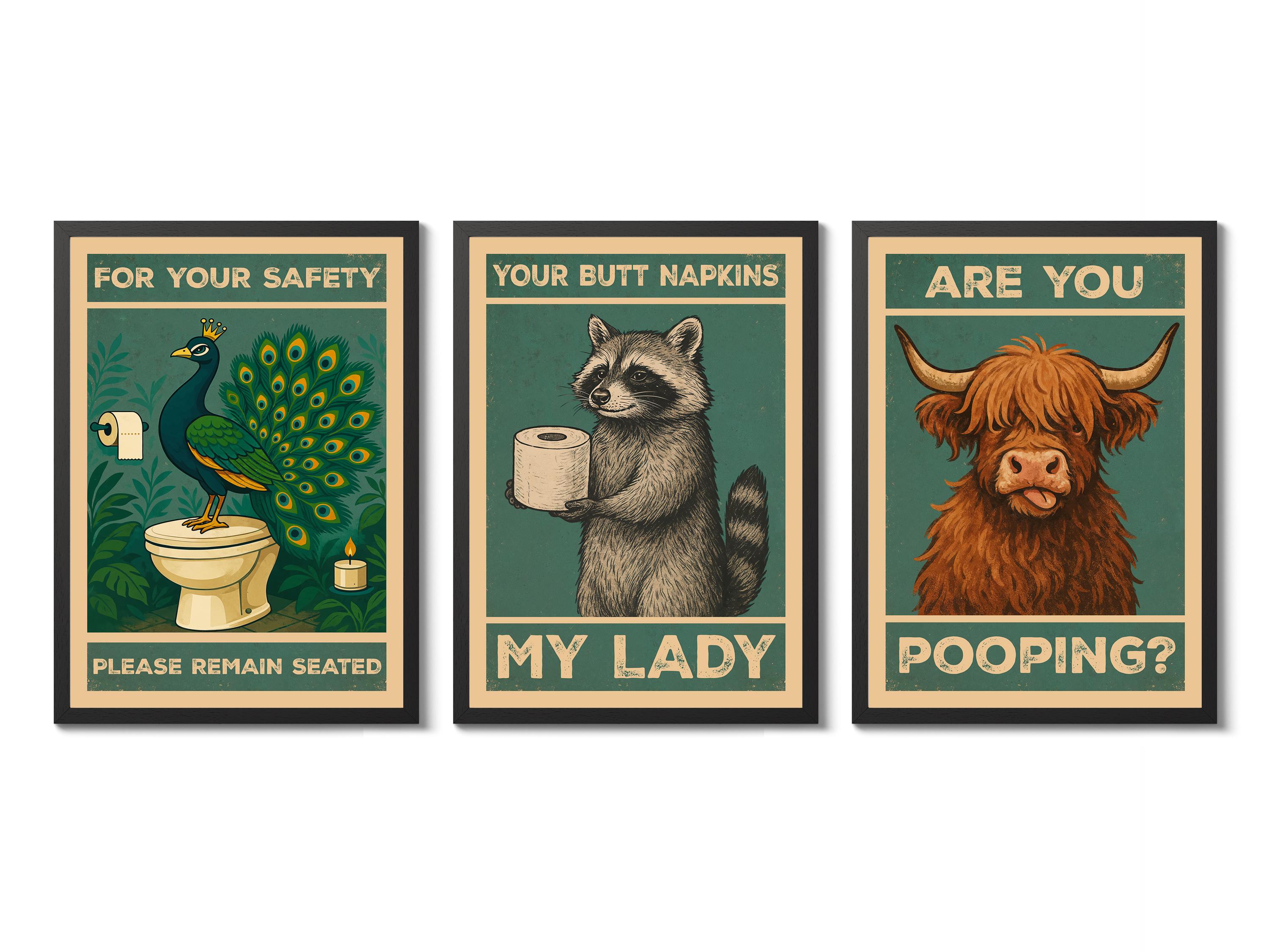 Funny Animals Trio, Typographic Print, Bathroom Jokes Poster, Wall Art ...