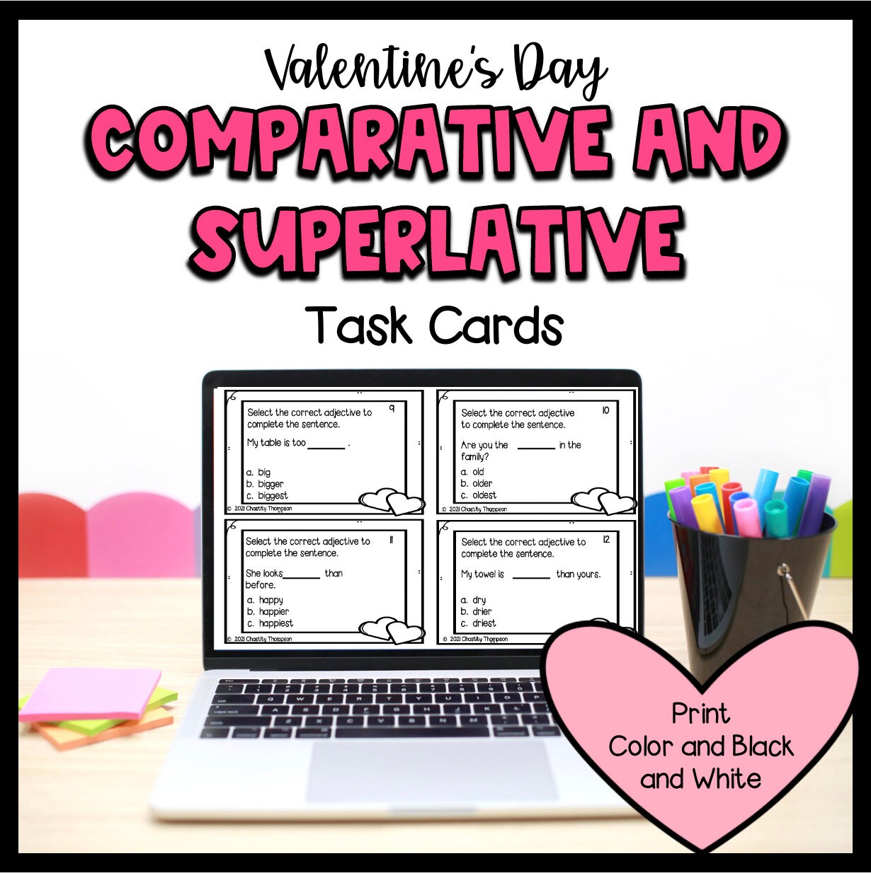 Valentine's Day Adjective Digital and Print Task Cards - NO PREP - Etsy