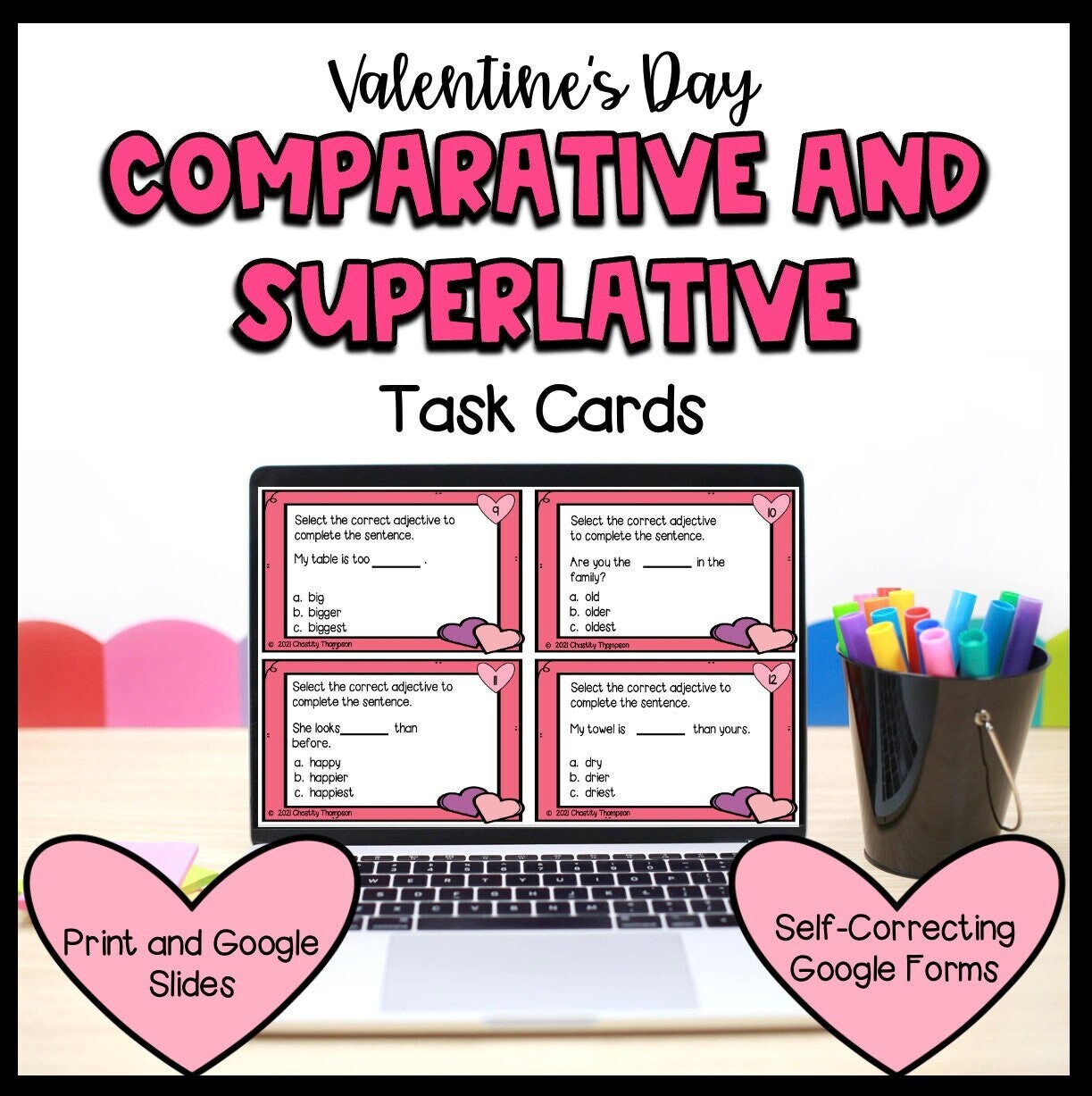 Valentine's Day Adjective Digital and Print Task Cards - NO PREP - Etsy